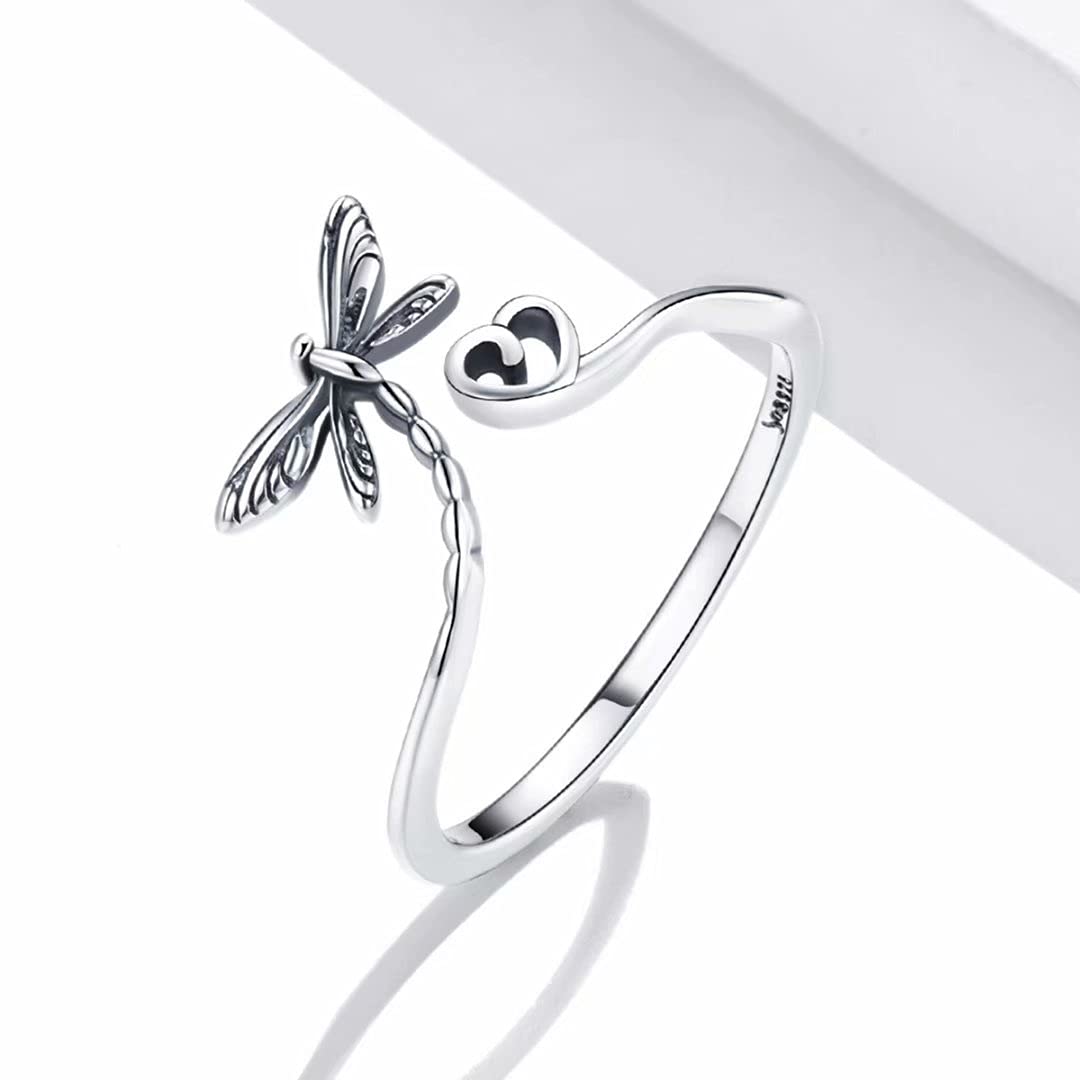 Qings Dragonfly Sterling Adjustable Ring: Silver Ring Women Dragonfly Open Heart Animal Simple Cute Finger Ring Wedding Jewelry for Women