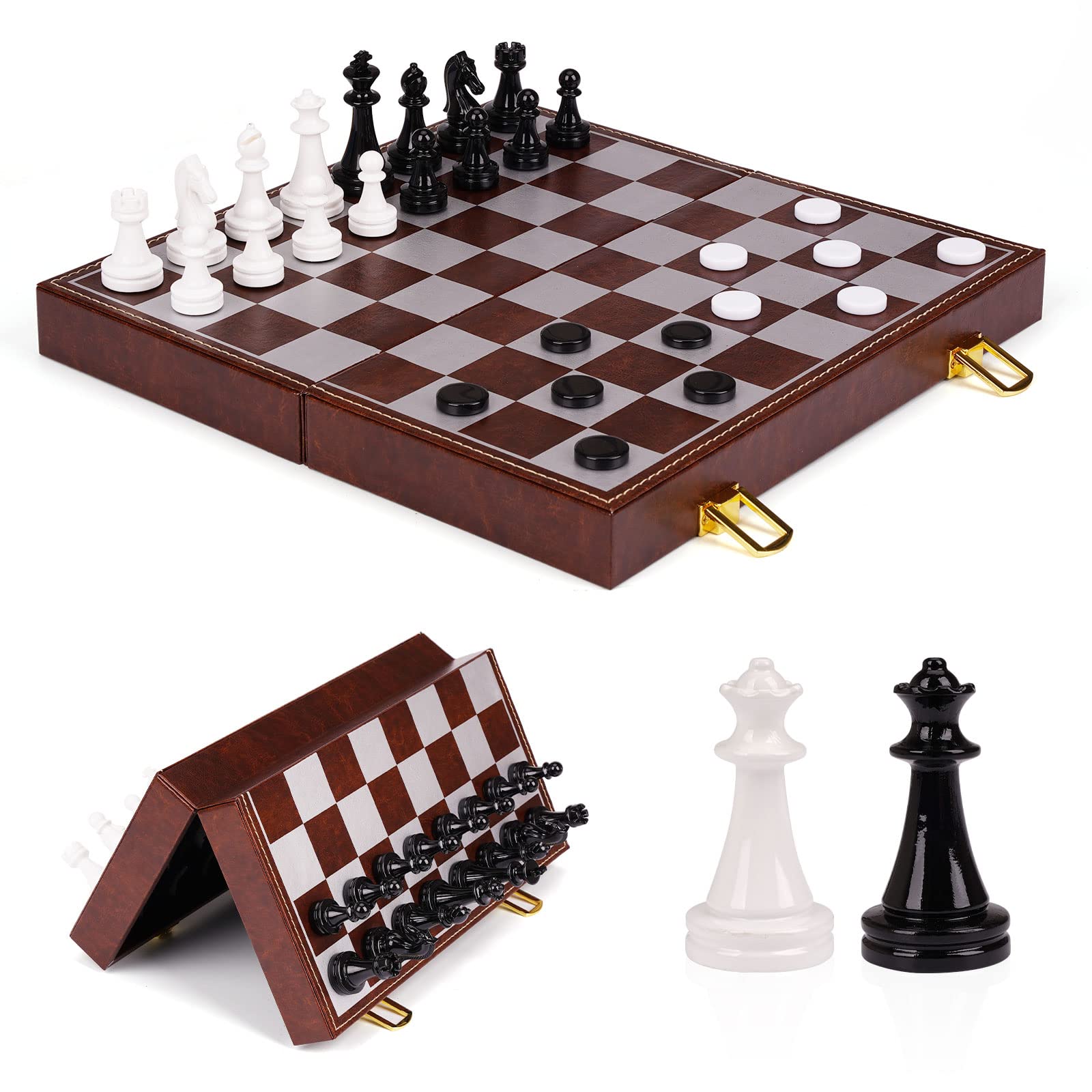 Magnetic Chess Set Checkers Game Set for Adults Kids (2 in 1) -12" Magnetic Chess Pieces & Portable Folding Leather Chess Board Travel Chess Sets Board Game – 24 Cherkers Pieces with Storage Box