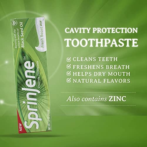 SprinJene Fluoride Toothpaste with Patented Black Seed Oil and Zinc - Certified Vegan, Cruelty-Free, Gluten-Free, Kosher, Halal, Natural Teeth Whitening Toothpaste 2 Pack (Fresh Boost)