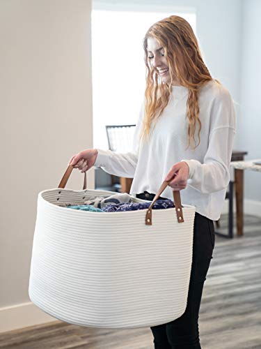 Sweetzer & Orange Extra Large Woven Cotton Rope Storage Basket – 23”x20.5”x15.5” w/Vegan Handles - Blanket Storage Baskets, Laundry and Toy Storage, Nursery Hamper - Off White XXL for Living Room