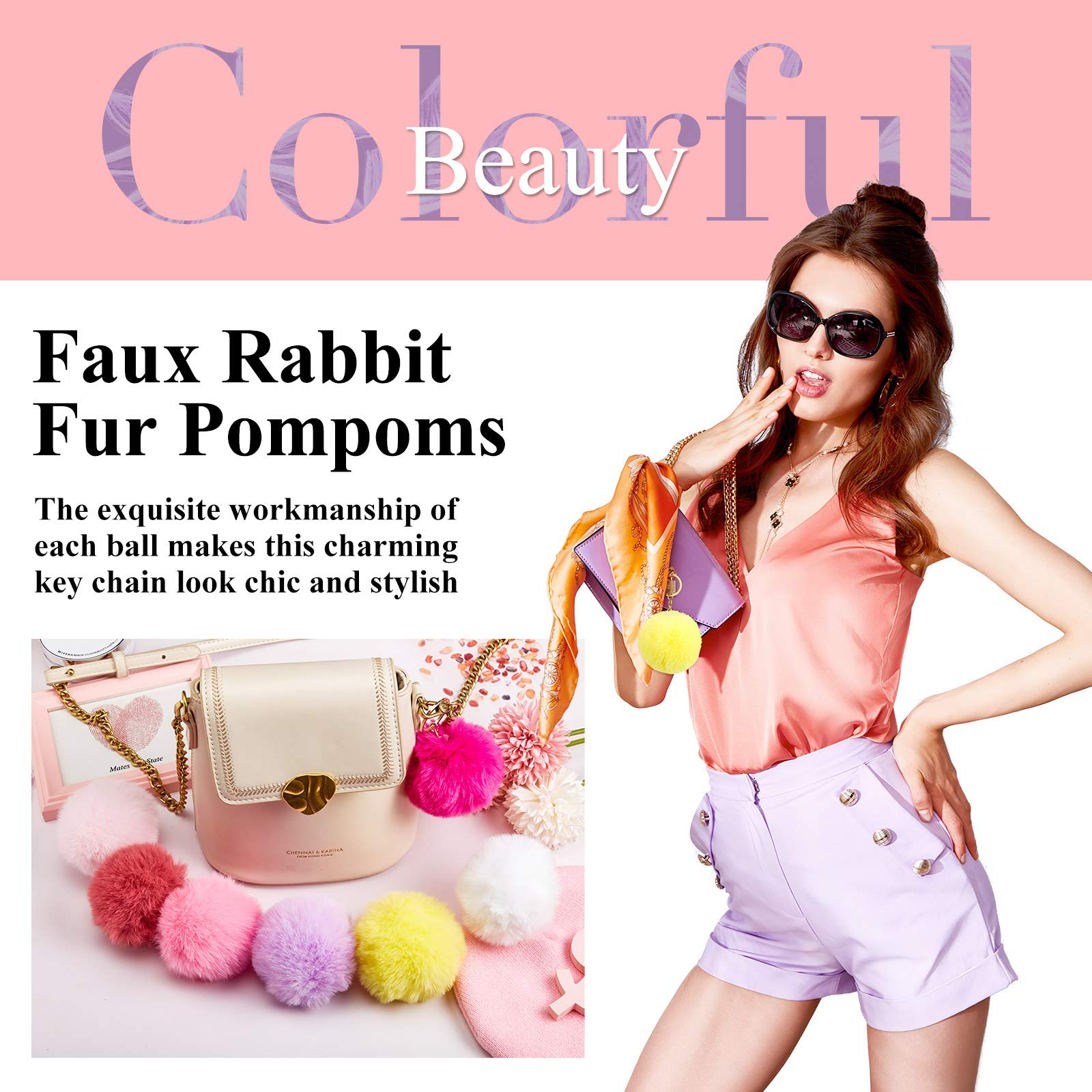 Hicarer 36 Pom Poms Keychains Faux Rabbit Fur Pompoms Keyring Pompom Keychain (3 Inch)