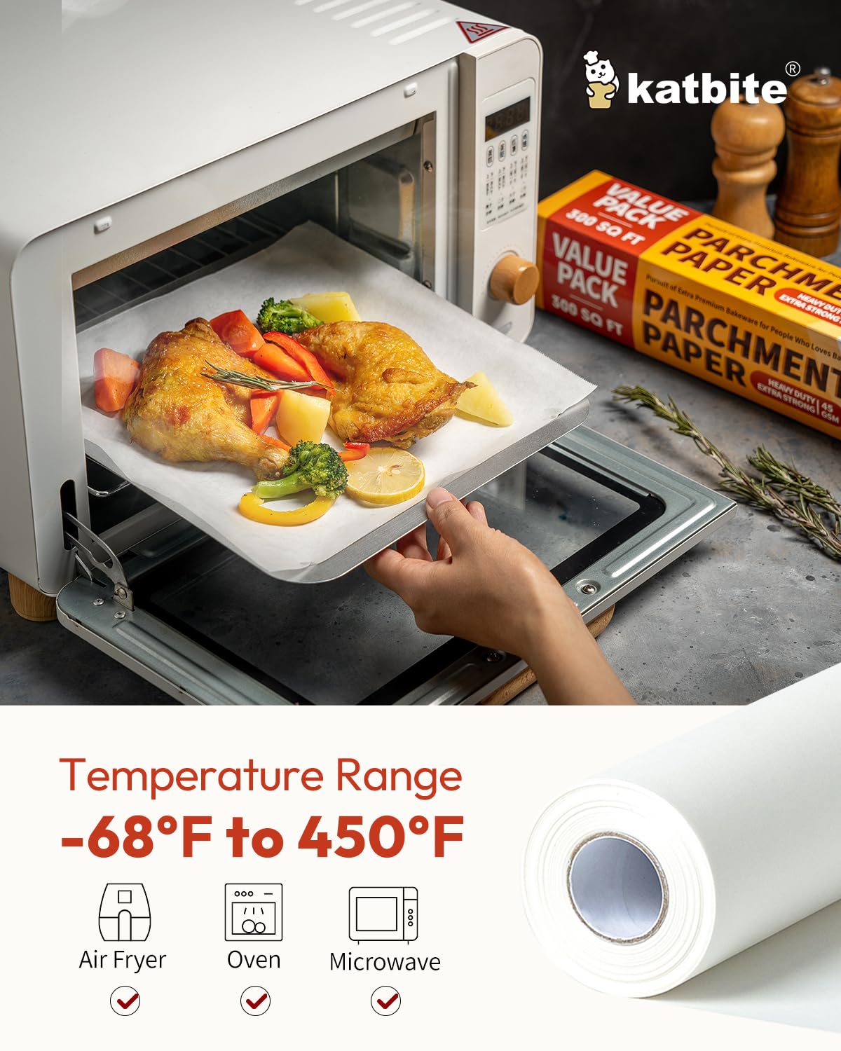 Katbite 15in x 242ft, 300 Sq.Ft Value Pack Parchment Paper Roll for Baking, Parchment Baking Paper with Serrated Cutter, Heavy Duty & Value Pack Parchment Roll for Cooking, Air Fryer, Steaming, Bread