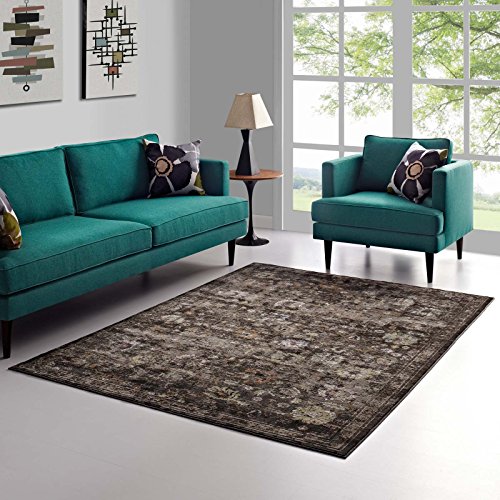 Modway Minu Distressed Floral Lattice 8x10 Area Rug in Black, Yellow and Orange