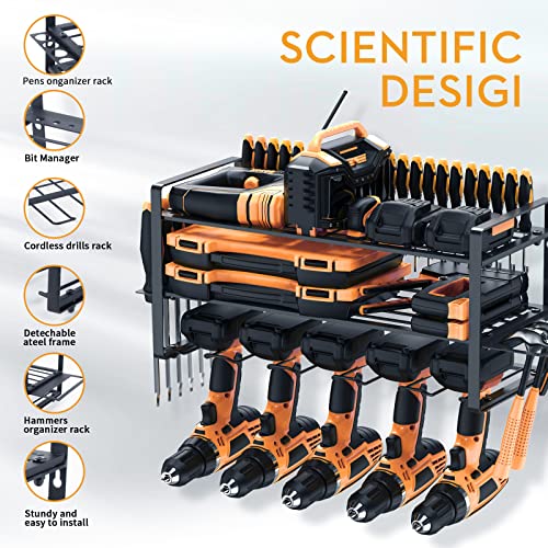 THILEMON Power Tool Organizer, 3 Layers 5 Drill Holder Of Heavy Metal Power Tool Organizer Wall Mount, Garage Organizatio， Power Tool Organizer