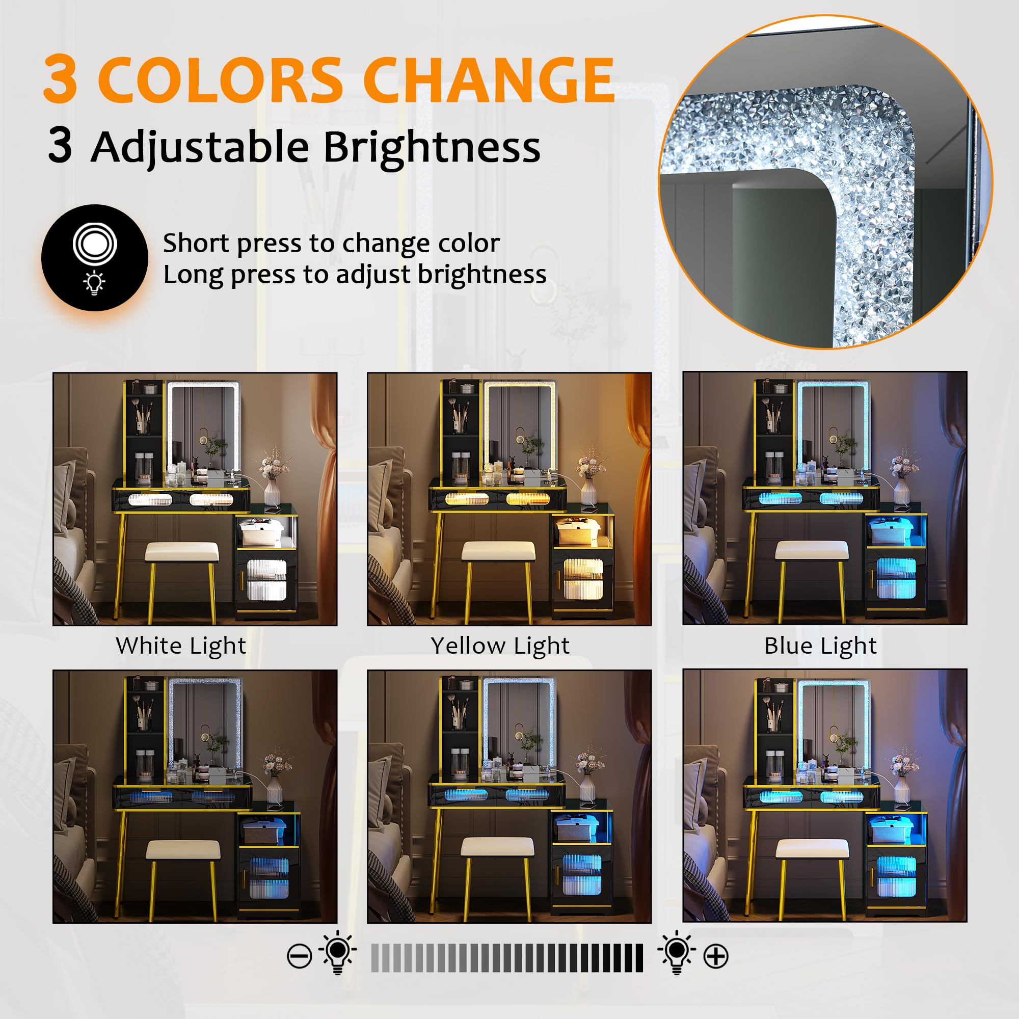 SKKTKT LED Vanity Desk, Retractable Makeup Vanity with Nightstand and Lighted Mirror, Black Makeup Vanity with Voice Control & Charging Station, Dressing Table Set with Jewelry Organizer