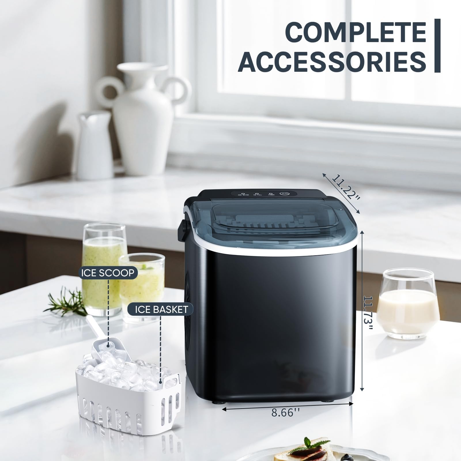 Kismile Ice Makers Countertop with Carry Handle,26Lbs/Day,9 Bullet Ice Ready in a 7 Mins Round,Auto-Cleaning Ice Maker with Ice Basket and Ice Scoop,Portable Ice Maker for Home,Office,Kitchen (Black)