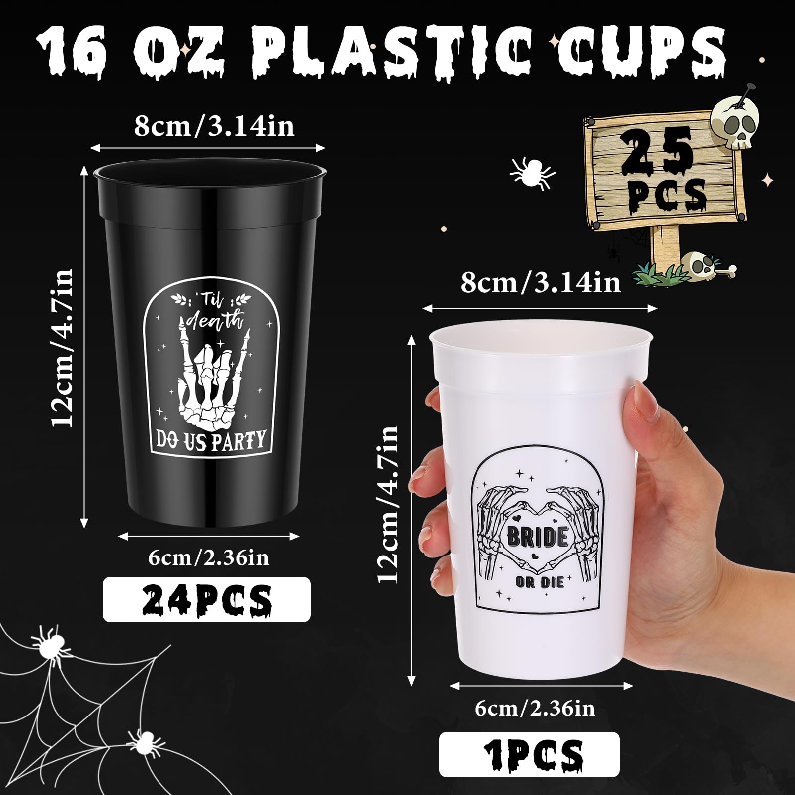 Zhehao 25 Pcs Bride or Die Bachelorette Party Themed Black White Cups 16 oz Skull Till Death Do Us Plastic Cup Reusable Bride Cups for Gothic Bridesmaid Bridal Shower Wedding Decorations Favors