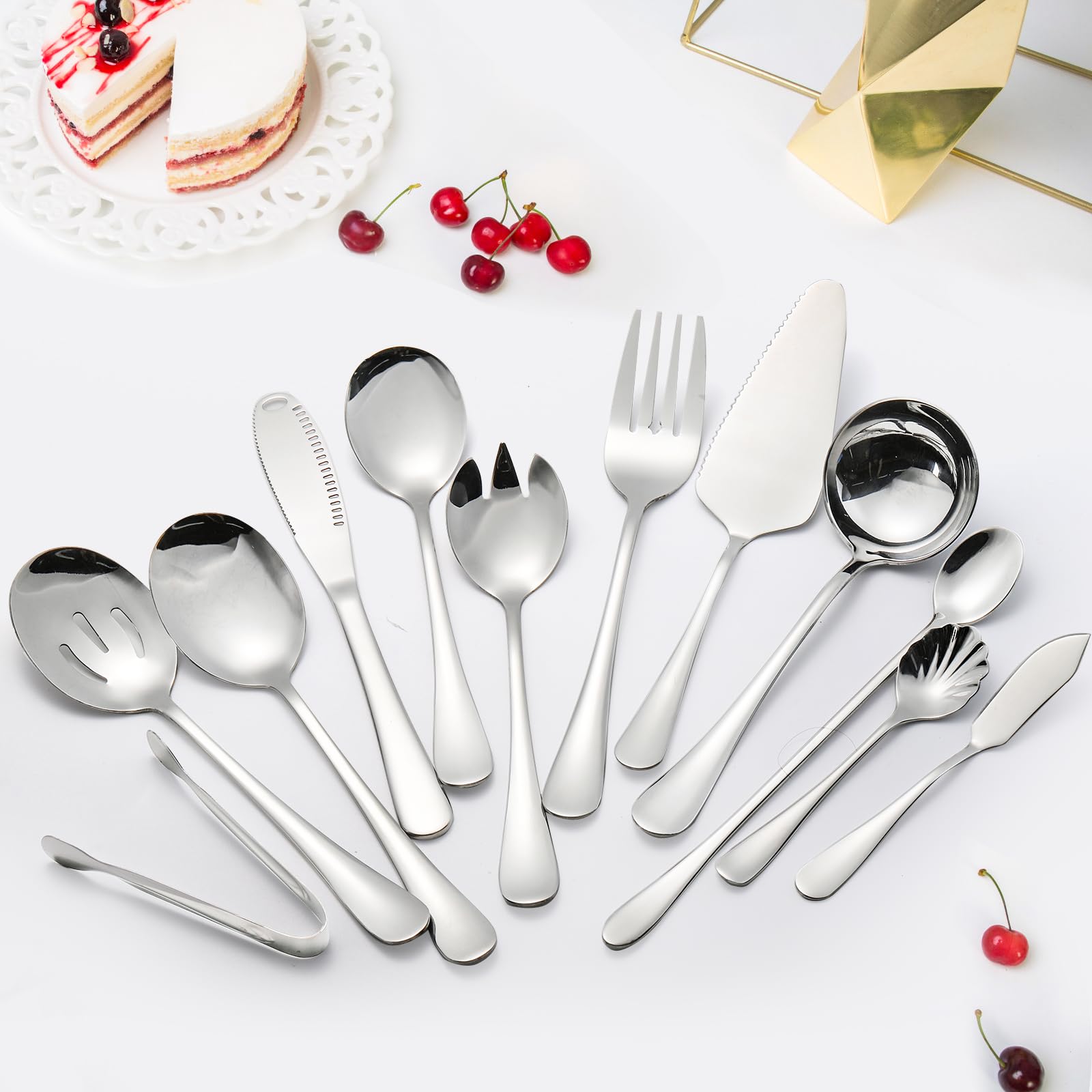 Nicunom 12 Piece Stainless Steel Serving Utensils, Silverware Serving Set Flatware Serving Tableware Cutlery Set for Home Kitchen Restaurant Party, Mirror Polished, Dishwasher Safe