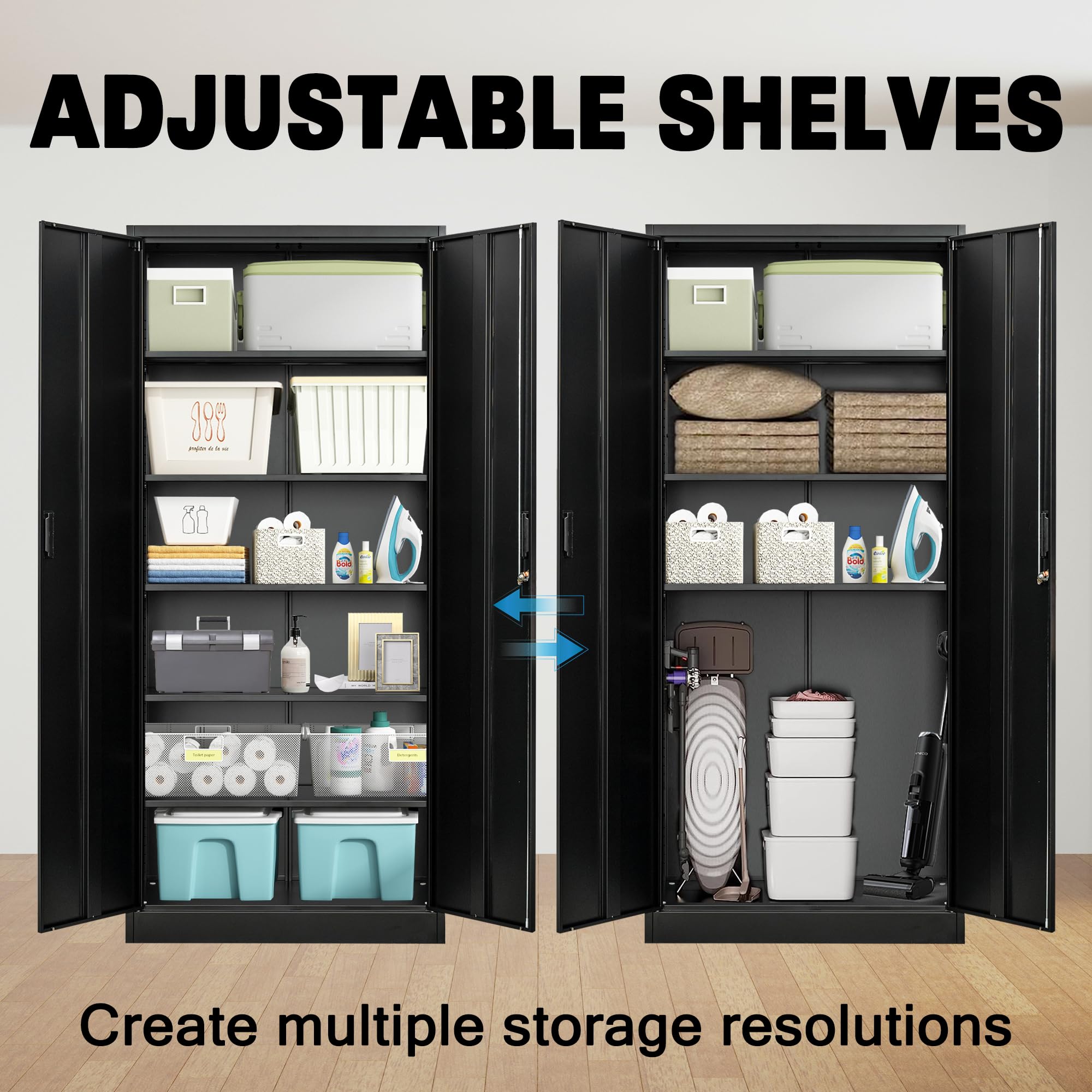 iDEKAI Metal Storage Cabinet with Lock, 71" Garage Storage Cabinets with 2 Lockable Doors and 5 Adjustable Shelves,Tall File Cabinet, Tool Cabinet for Office,Home,Garage,Gym,School (Black)