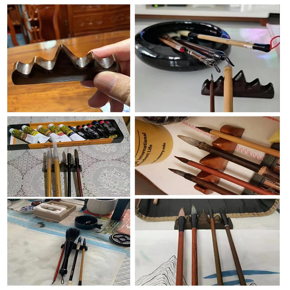 UtySty 2 Pack Paint Brush Holder Chinese Calligraphy Brushes Rest Stand Support Wooden Montain Non Rolling Keeper for Paintbrush Pens Paintbrushes Ink Writing Painting Drawing Art Watercolor Pencils