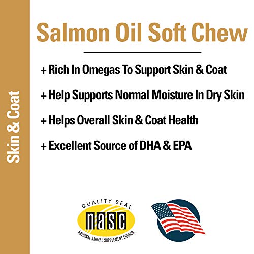 Vet Classics Salmon Oil Pet Supplement for Healthy Skin, Glossy Coats β Dog Coat Supplement, Cat Skin Supplement β Includes Omega-3, 6, 9, Source of DHA, EPA β Soft Chews 90 Ct.