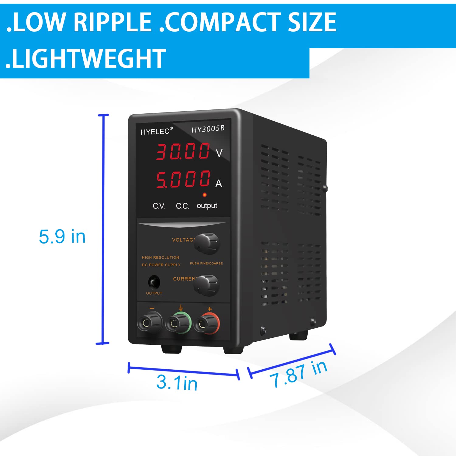DC Power Supply Variable, Hyelec 30V 5A Adjustable Switching Regulated DC Bench Power Supply with 4 Digits LED Display, Data Hold,Coarse and Fine Adjustment with 110V Alligator Leads