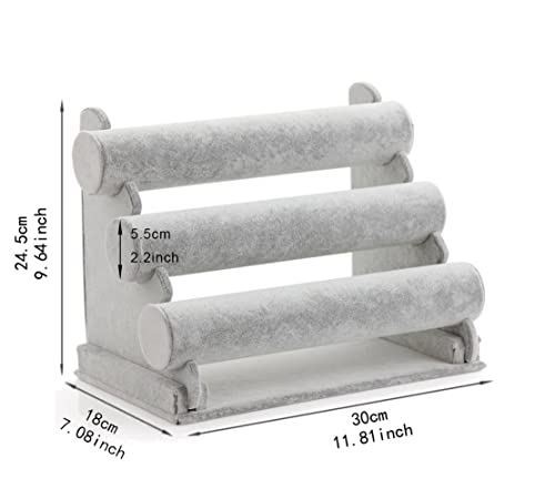Wudygirl Triple Bracelet Holder Jewelry Display Stand Watch Bangle Bar Necklace Storage Organizer Gray (Ice Velvet 3 Tier)