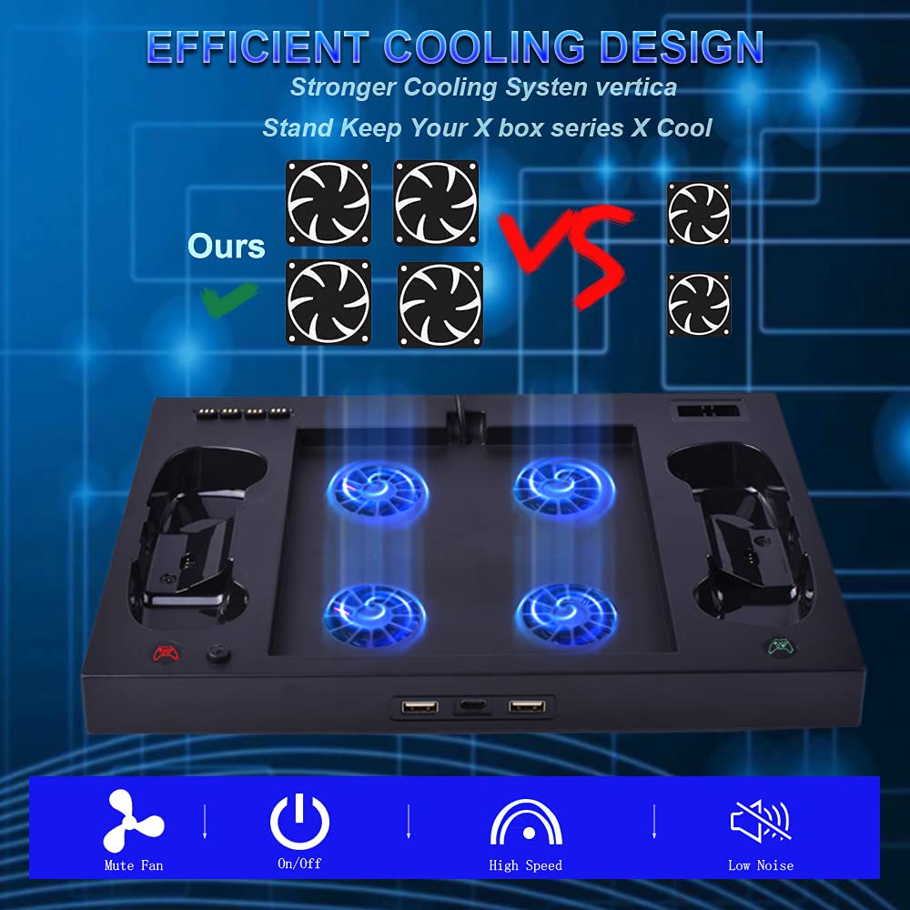 Xbox Series X Cooling Stand, Megadream Dual Controller Charging Dock Station with 4 Cooling Fan, 1 Headphone Holder, 2 Pack 1400mAh Rechargeable Batteries for Xbox Series X Console
