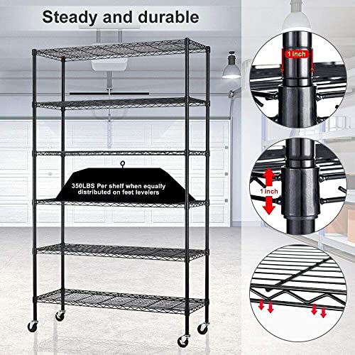 Storage Shelves Heavy Duty 6 Tier Wire Shelving Unit with Wheels Adjustable Metal Wire Shelf 48" L×18" W×82" H Standing Garage Shelves 2100 Lbs Weight Capacity Multifunctional Home Storage Rack, Black