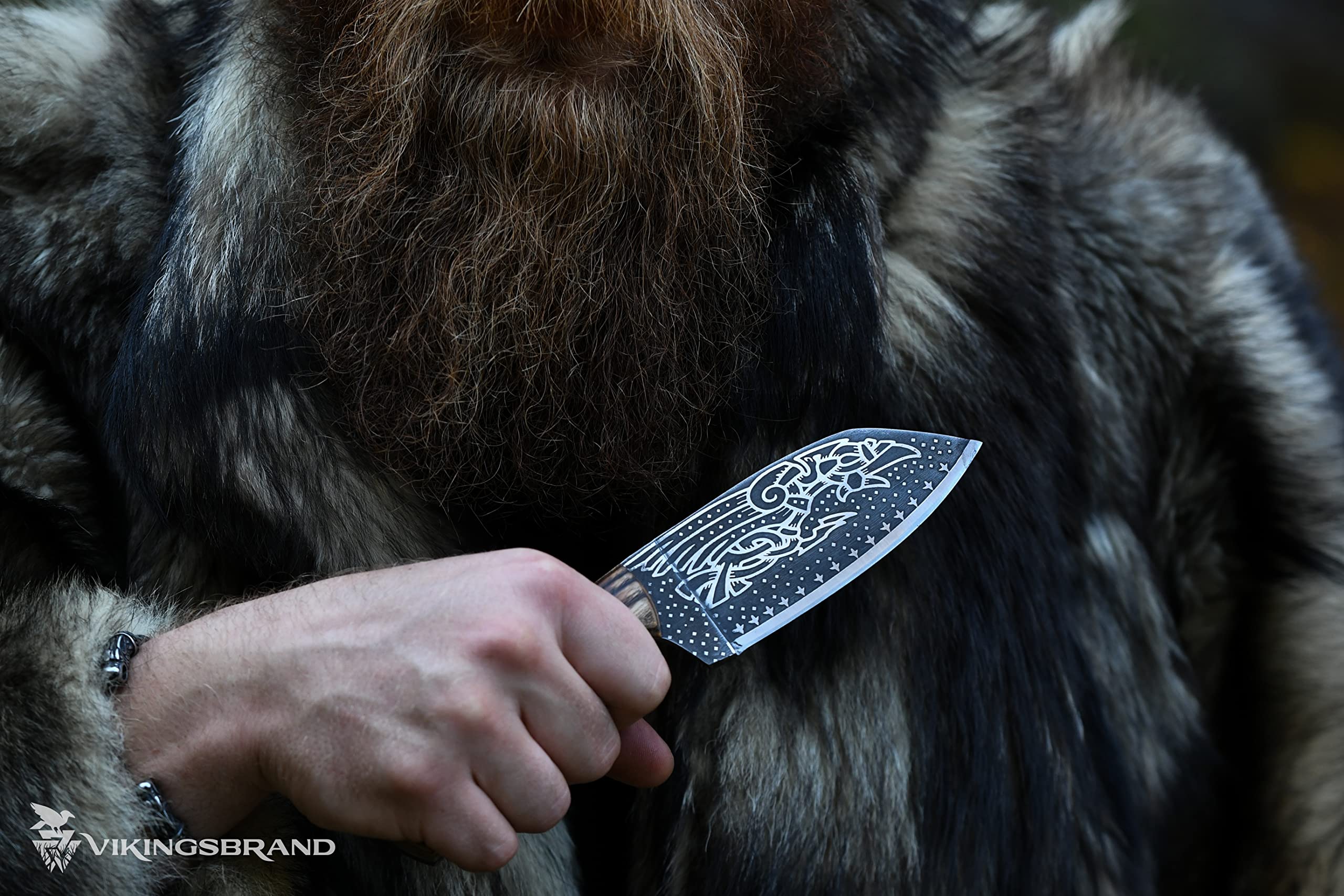 VikingsBrand Norse Viking-styled Knife - Huginn & Muninn Hand Forged Knife with Raven Engraving, Ergonomic Ash Wood Handle & Genuine Leather Sheath Holder - 4.7" Long Blade, 4.3" Handle