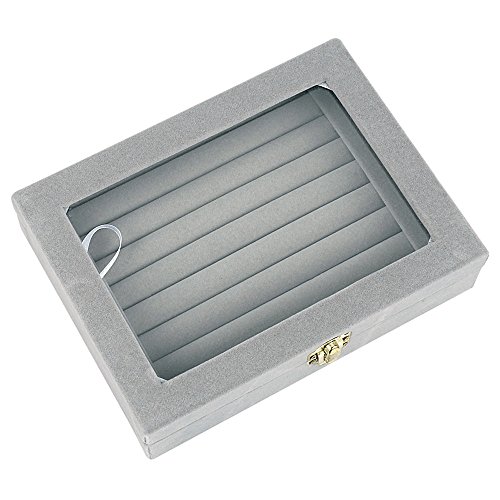 Velvet Glass Jewelry Ring Display Stand Storage Box Ring Earrings Jewelry Box Ring Holder Case (Grey)