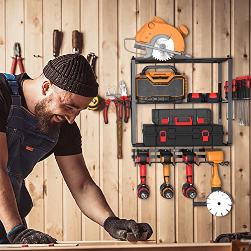 ZEAKOC Power Tool Organizer, 4 Layers Heavy Duty Drill Holder Wall Mount,Steel Tool Hangers Utility Storage Shelves for Handheld & Power Tools,Separate Tool Rack