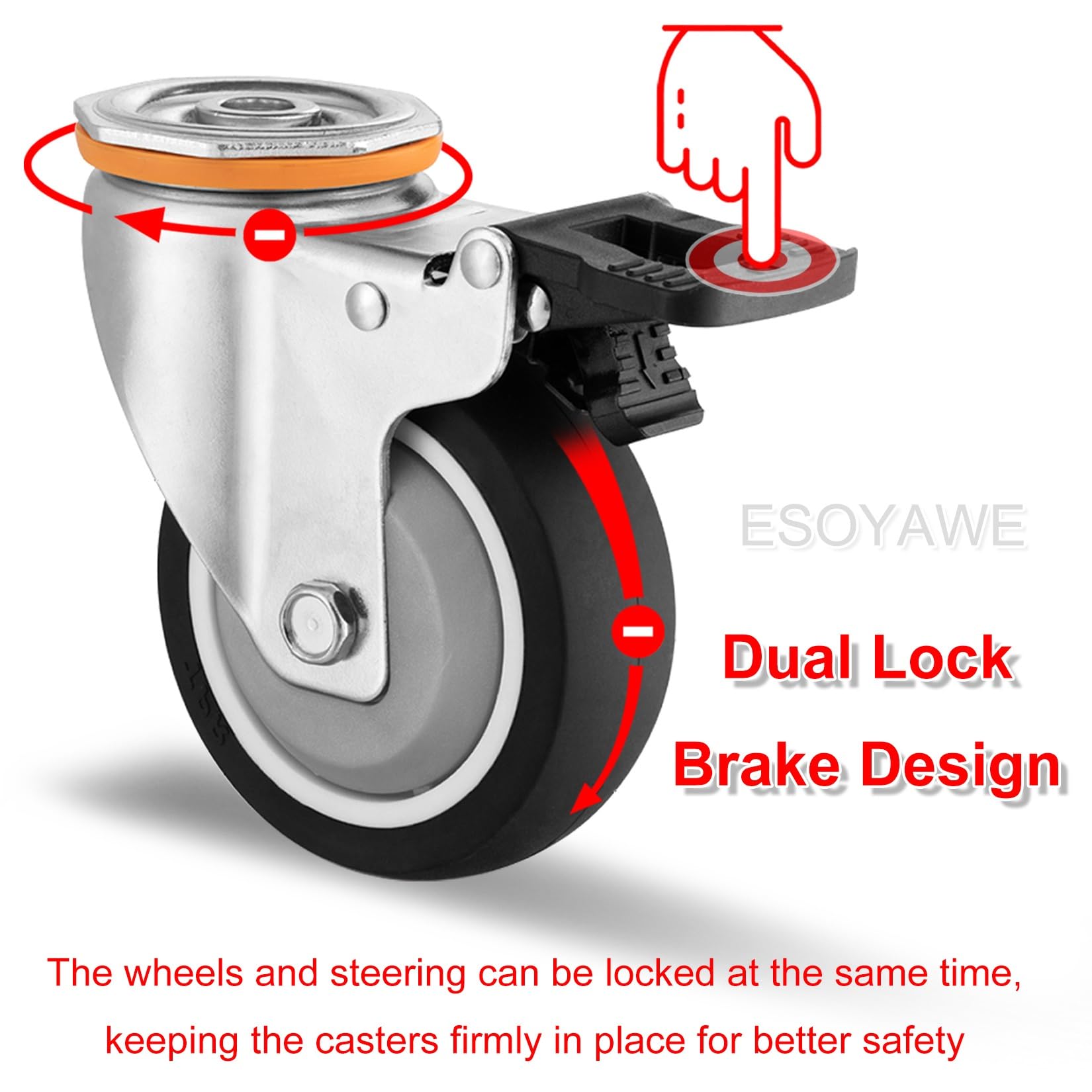 Heavy Duty TPE Rubber Swivel Caster Wheel 4 Pcs, Ø 3in 4in 5in Silent Furniture Replacement Casters, Suitable for M12 Type Bolts Top Hole Type Caster Wheels with Brakes