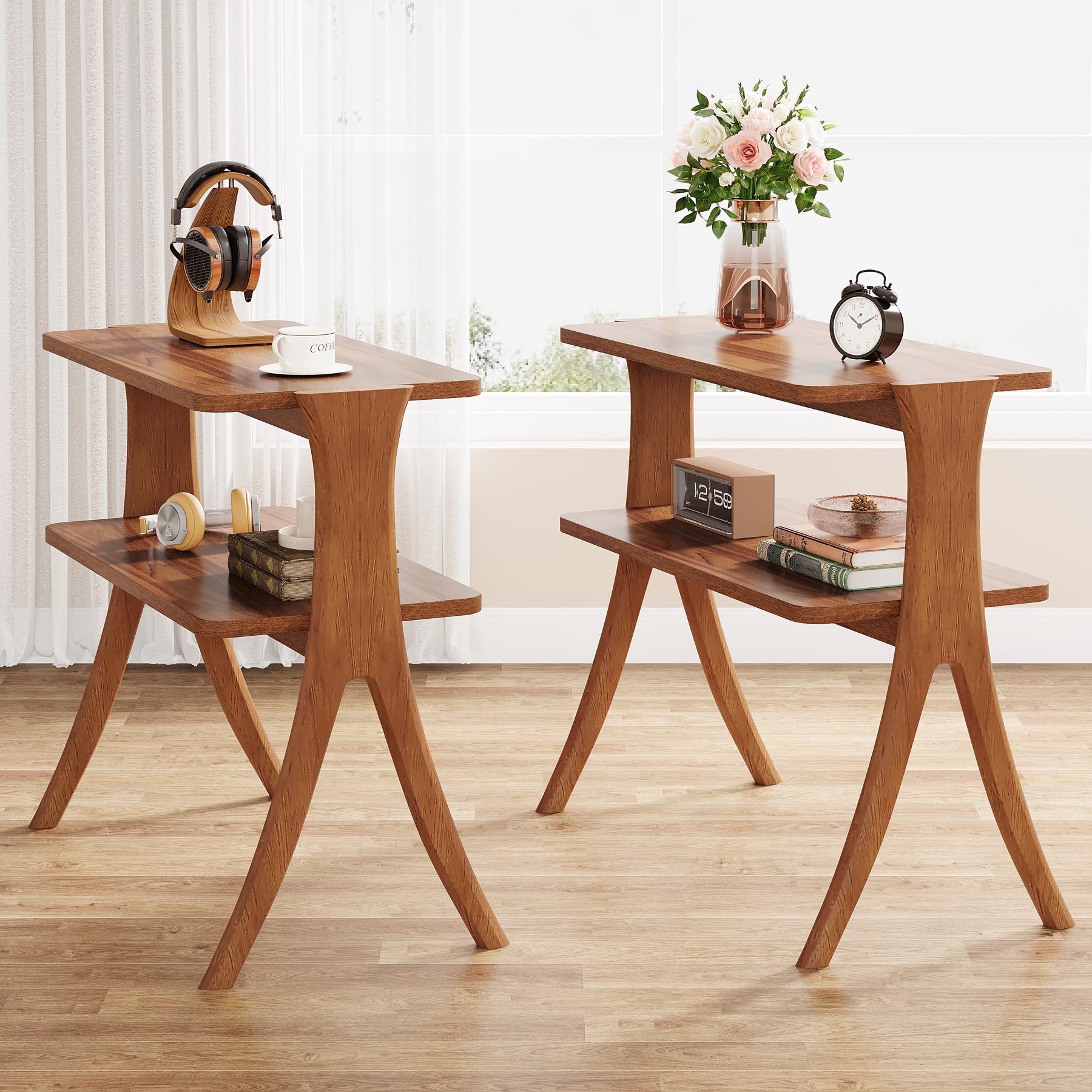 Tribesigns Narrow Side Table for Living Room, Farmhouse End Table with 2-Tier Storage Shelf and Solid Wood Legs, Slim Modern Bedside Table Nightstand for Bedroom, Small Spaces, Entryway, Walnut (2)