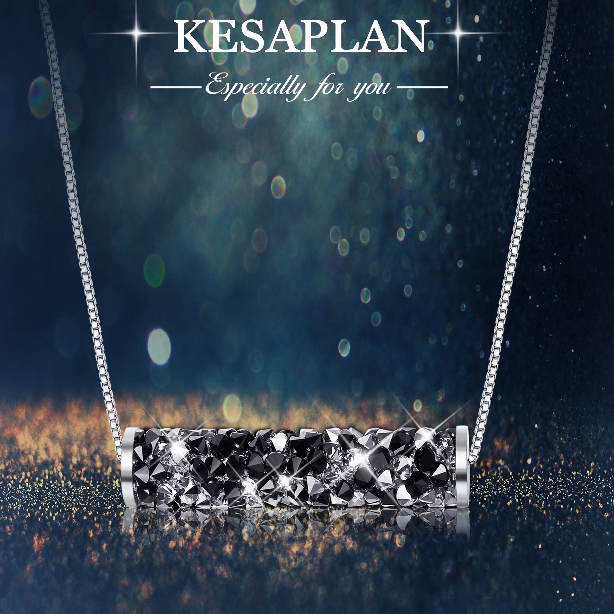 KesaPlan Cylinder Crystals Necklace for Women Bar Pendant Necklace with Sterling Silver Box Chain, Crystals from Austria, Gift for Christmas Black Crystal