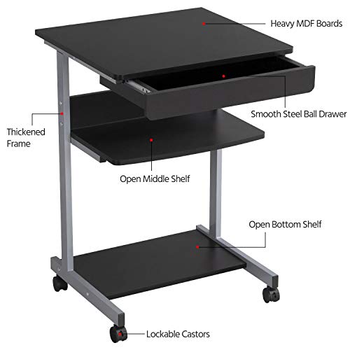 Yaheetech Mobile Computer Desk Cart, Small Rolling Laptop Desk PC Table Workstation with Drawer and Printer Shelf, Writing Desk Table for Small Space/Home Office