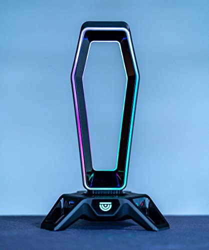 TRUSYO AUDIO THE PORTAL USB 3.0 headset stand with dual RGB lights, 3 usb charger ports, a headphone holder for wired or wireless headphones, great for gaming stations. A gaming accessory.