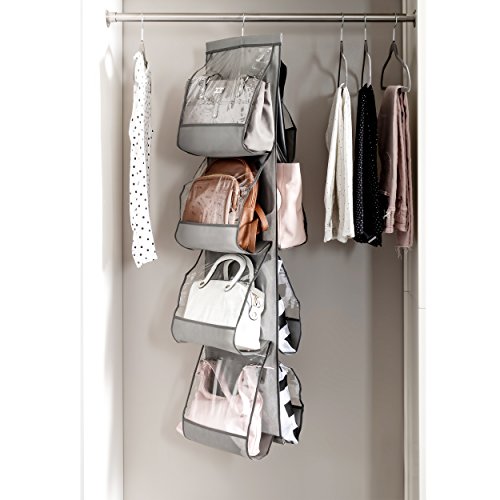 Zober Hanging Purse Organizer For Closet Clear Handbag Organizer For Purses, Handbags Etc. 8 Easy Access Clear Vinyl Pockets With 360 Degree Swivel Hook, Gray, 48β L x 13.8β W