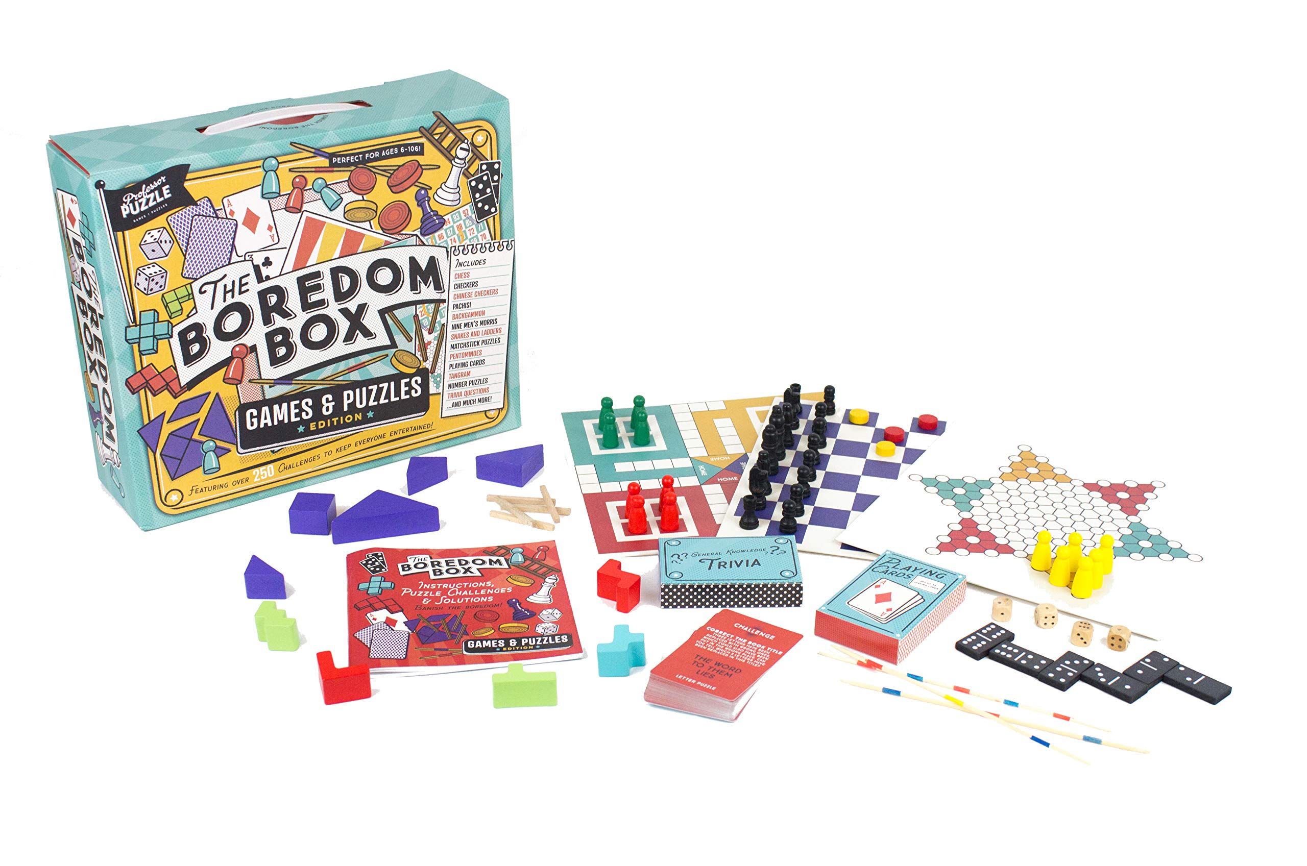 The Indoor Boredom Box - Huge Games & Puzzles Set - Over 250 Activities from Classic Board Games to lateral Thinking Puzzles