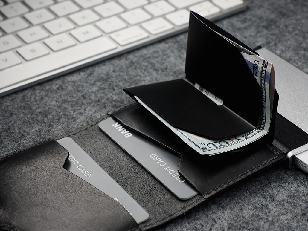 pularys VIKING Mini Wallet - Premium Leather - Black - Snap Fastener - Bank Note Pocket - RFID blocking - Up to 8 Card Slots - Comfortable and Safe - Classic