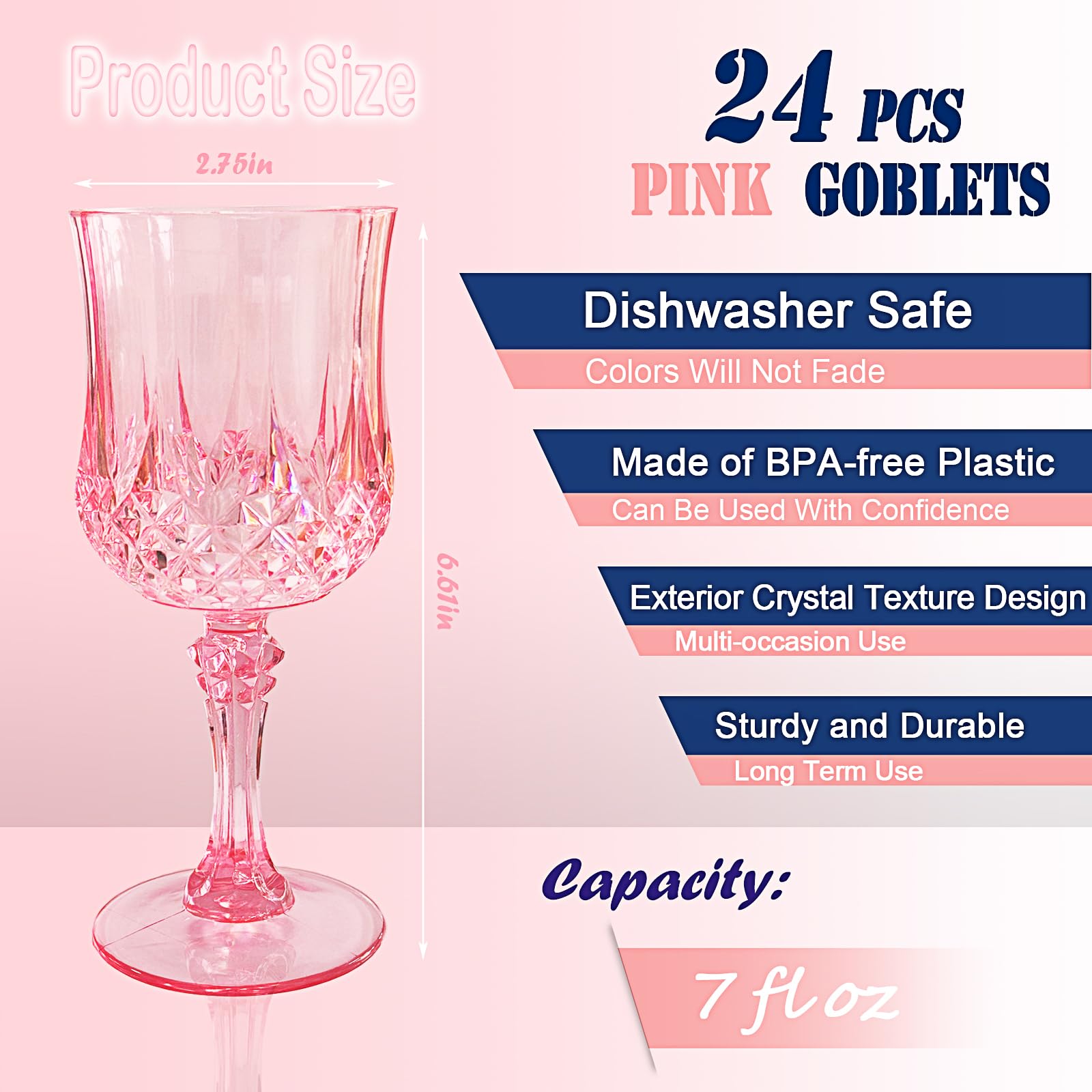 Veiuwa 24 Pcs Plastic Pink Wine Glasses,Plastic Cordial Glasses,Plastic Goblets,Pink Plastic Goblets,Plastic Wine Glasses,Can be Used for Weddings, Everyday Fun Parties and More!