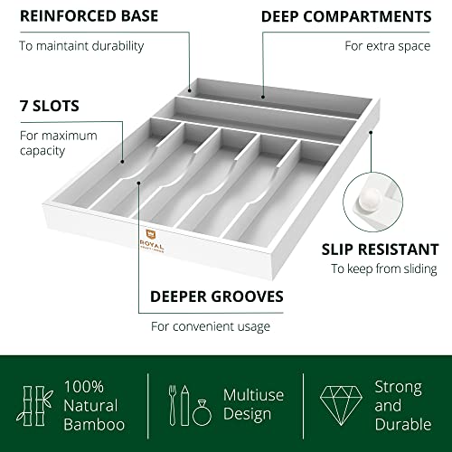 ROYAL CRAFT WOOD Luxury Bamboo Caddy Kitchen Drawer and Silverware Organizer, Utensil Holder and Cutlery Tray with Grooved Drawer Dividers for Flatware 7 Slot, White