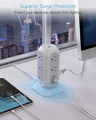 Tower Power Strip with 11 Outlets 3 USB Chargers, TESSAN Surge Protector Tower 1875W/15A, 6 Feet Extension Cord with Multiple Outlets, Flat Plug, Office Supplies, Desk Accessories, Dorm Essentials