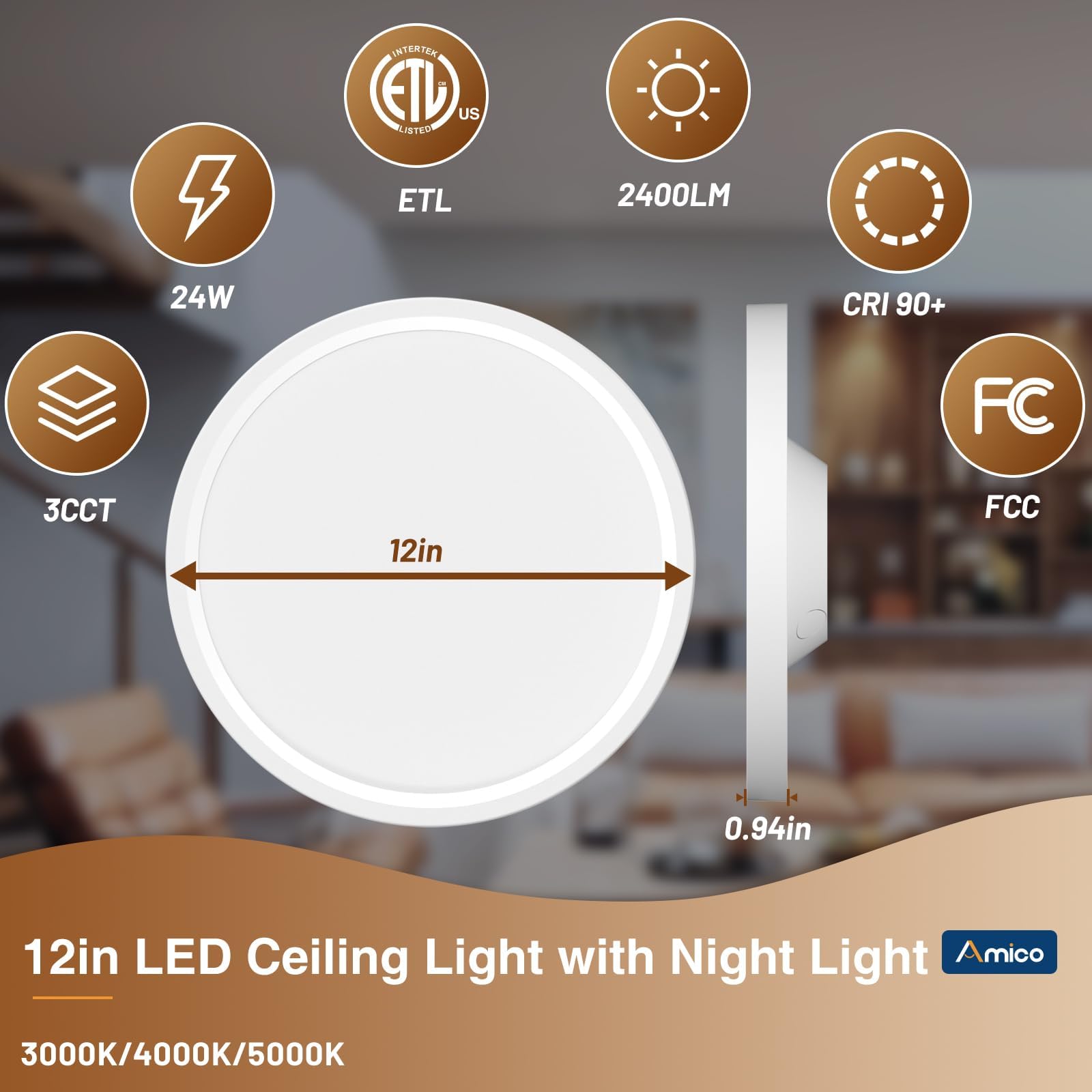 Amico 12 Inch LED Flush Mount Ceiling Light with Night Light, 24W, 2400lm, 3000K/4000K/5000K Selectable, Dimmable LED Ceiling Light Fixture for Bedroom, Kitchen, Dining Room, Hallway