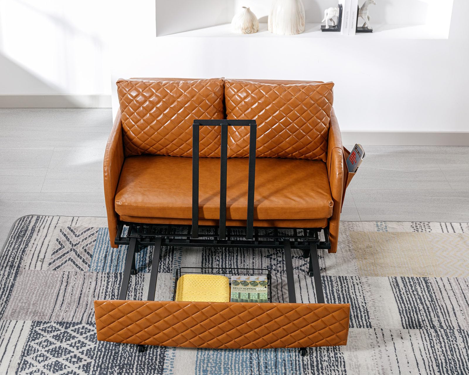 KINFFICT PU Leather Pull Out Sofa Bed, Convertible Small Loveseat Sleeper with Storage Drawer and 2 Pillows, 2 in 1 Futon Couch with Removable Pocket, Modern Love Seat for Living Room, Light Brown