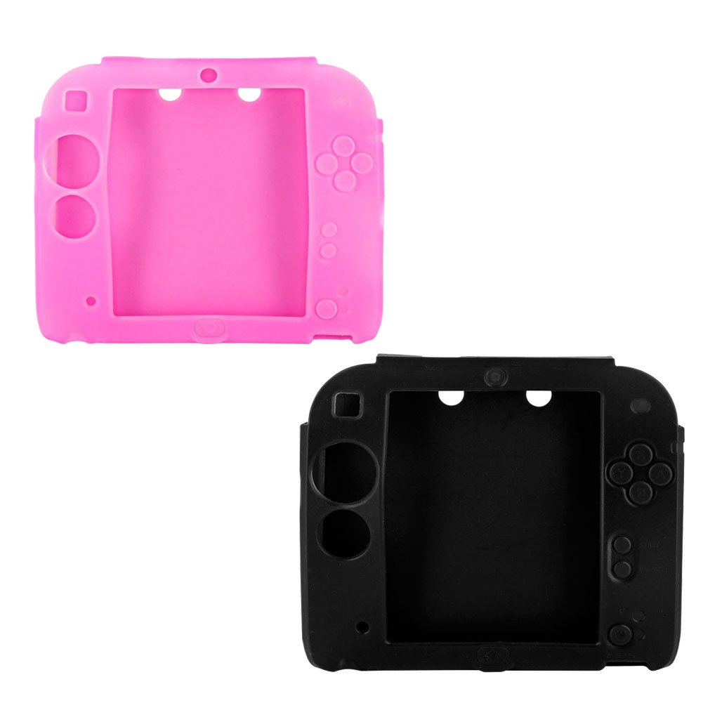 Protective Soft Silicone Rubber Gel Skin Case Cover for Nintendo 2DS (Black,Pink)