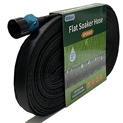 Secbulk Flat Soaker Hose for Garden Beds 10 25 50 75 ft, 75" Short Linkable Drip Irrigation Hose Save 80% Water, Leakproof Double Layer Collapsible Fabric Flexible Trickle Hose with Holes