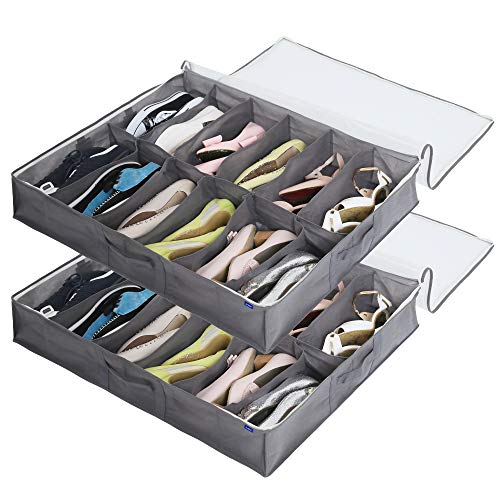 Surblue Under Bed Shoe Storage Organizer Underbed Shoes Closet Storage Solution 2 Metal zippers and 3 Handles with Clear Cover for Men's and Women's Shoes Fits 24 Pairs of Shoes, Set of 2, Grey