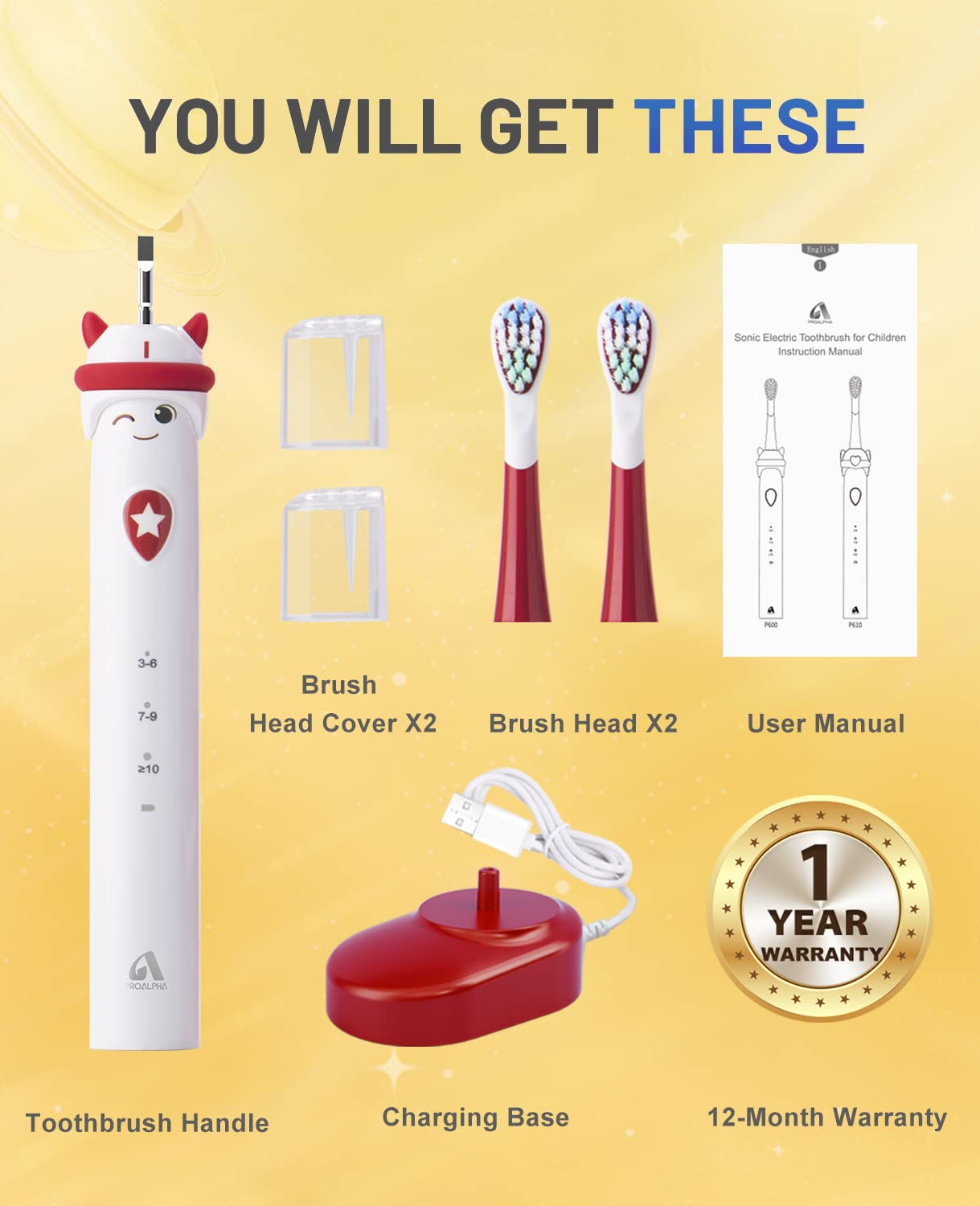 JTF Kids Electric Toothbrush-for Ages 3-12, Rechargeable Electric Toothbrushes, Wireless Fast Charge & Long Battery Lasting for 60 Days,with Smart Timer 3 Modes & 2 Kids Size Brush Heads, Red…