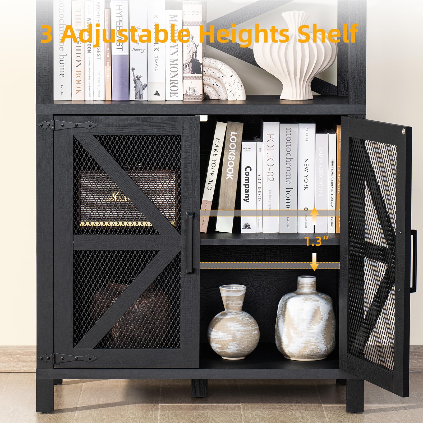 Joaxswe 5 Tier Bookshelf 70" Tall Bookcase with Barn Doors,Large Farmhouse Display Book Shelf with Adjustable Shelves and Storage Cabinet,Library Wood Bookshelves for Living Room,Kitchen,Black