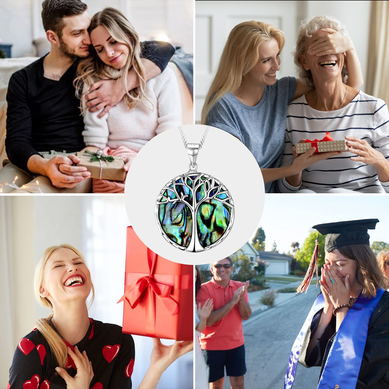 Sterling Silver Tree Of Life Natural Abalone Shell Heart Pendant Necklace For Women (Nautral Abalone Shell Life Tree)