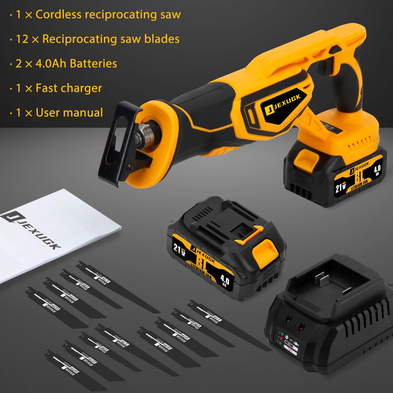 JEXUGK Brushless Reciprocating Saw Cordless, 21V Max 3500 SPM Rechargeable Saw, 2 x 4.0Ah Battery, 12 Saw Blades & Fast Charger, Variable Speed Reciprocating Saws for Woods/Metal/Plastic Cutting