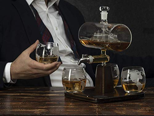 Whiskey & Wine Decanter Gifts for Men & Dad, Ship Decanter 1000ml, Set with 4 Globe Drinking Glasses - Cool Liquor Dispenser for Home Bar Unique Birthday Gift Ideas from Wife, Daughter, Son Present
