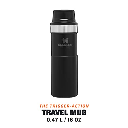 Stanley Trigger Action Travel Mug 0.47L Matt Black β Keeps Hot for 7 Hours - BPA-free Stainless Steel Thermos Travel Mug for Hot Drinks - Leakproof Reusable Coffee Cups