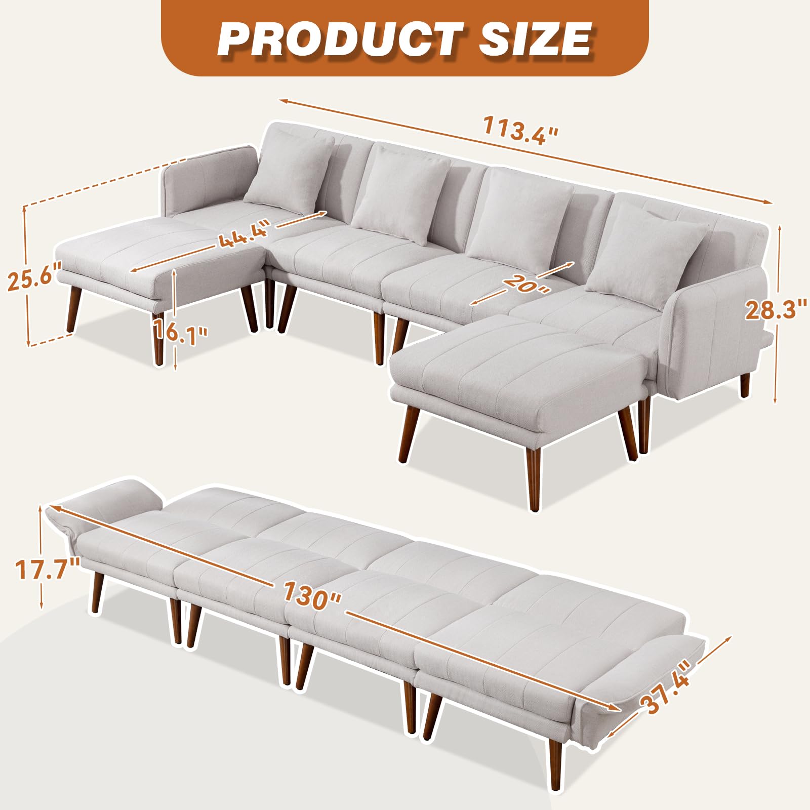 Suvivityse 113.4'' Sectional Couches Convertible Sofa Bed Sleeper Futon Couch 2-in-1 Comfy Deep Seat Sofa Cama Modular L-Shaped Modern for Living Room Bedroom Office