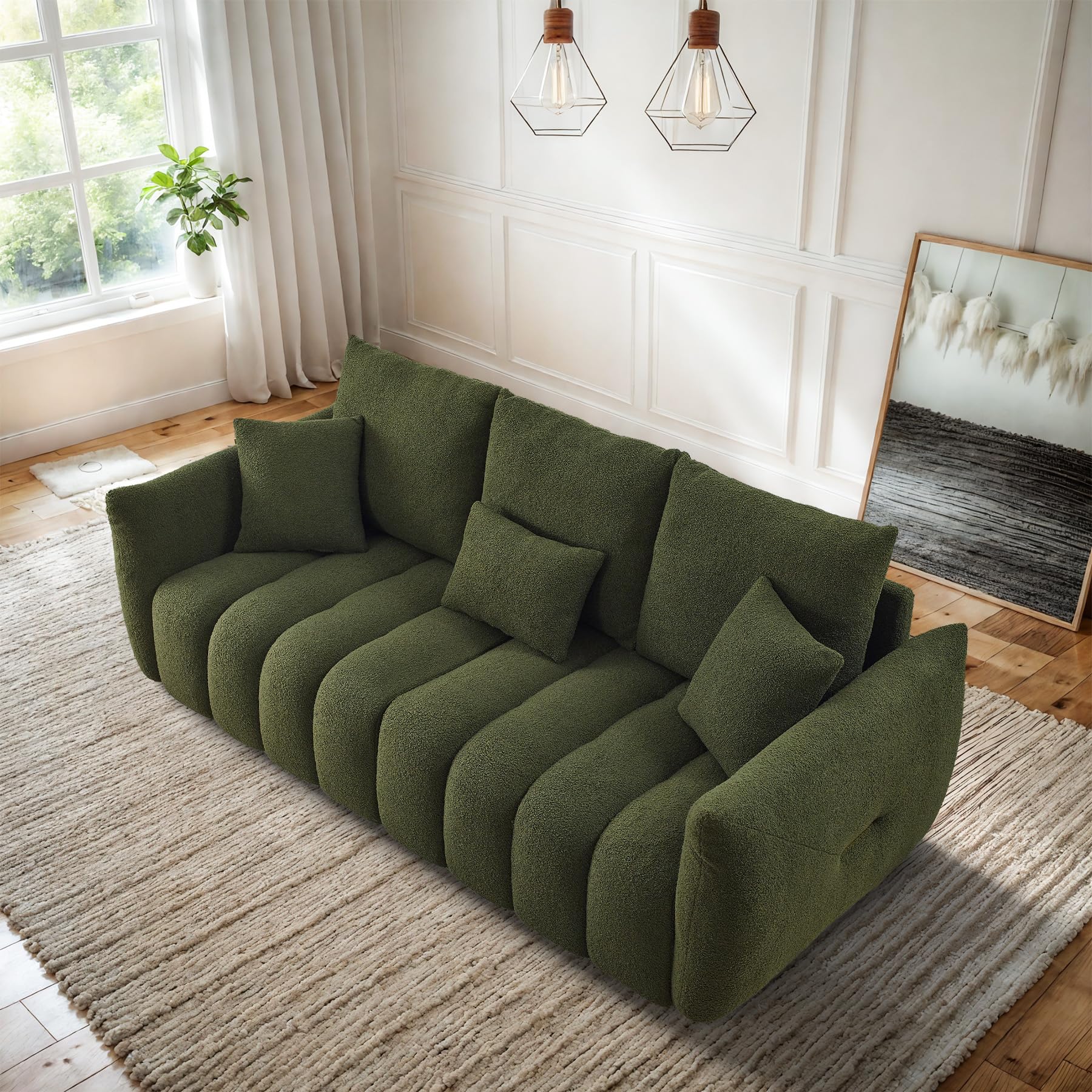 Wrofly 82" Teddy Cloud Sofa Couch, Comfy Upholstered Sherpa Deep Seat Boucle Sofa, Cozy Modern 3 Seater Couch with 3 Pillows, Oversized Loveseat for Living Room Apartment Office, Olive Green
