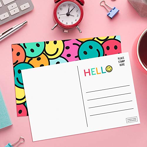 Sweetzer & Orange Hello Postcards Pack (60 Post Cards) 4x6 Postcards for Kids and Adults. 300gsm Note Cards. Blank Hello Greeting Cards, Smiley Face Hello Cards