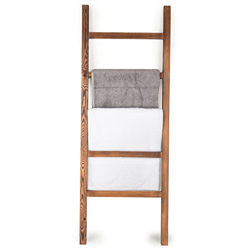 MyGift Rustic Brown Wood 4 ft Leaning Towel Ladder Rack for Bathroom Storage with 5 Hanging Rungs, Farmhouse Style Blanket and Quilt Display Ladder