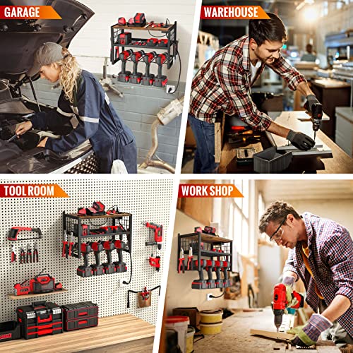Power Tool Organizer with Power Strip - Garage Organization and Storage Built in 3 AC Outlets | Drill Holder Wall Mount | Drill Charging Station for Garage, Workshop