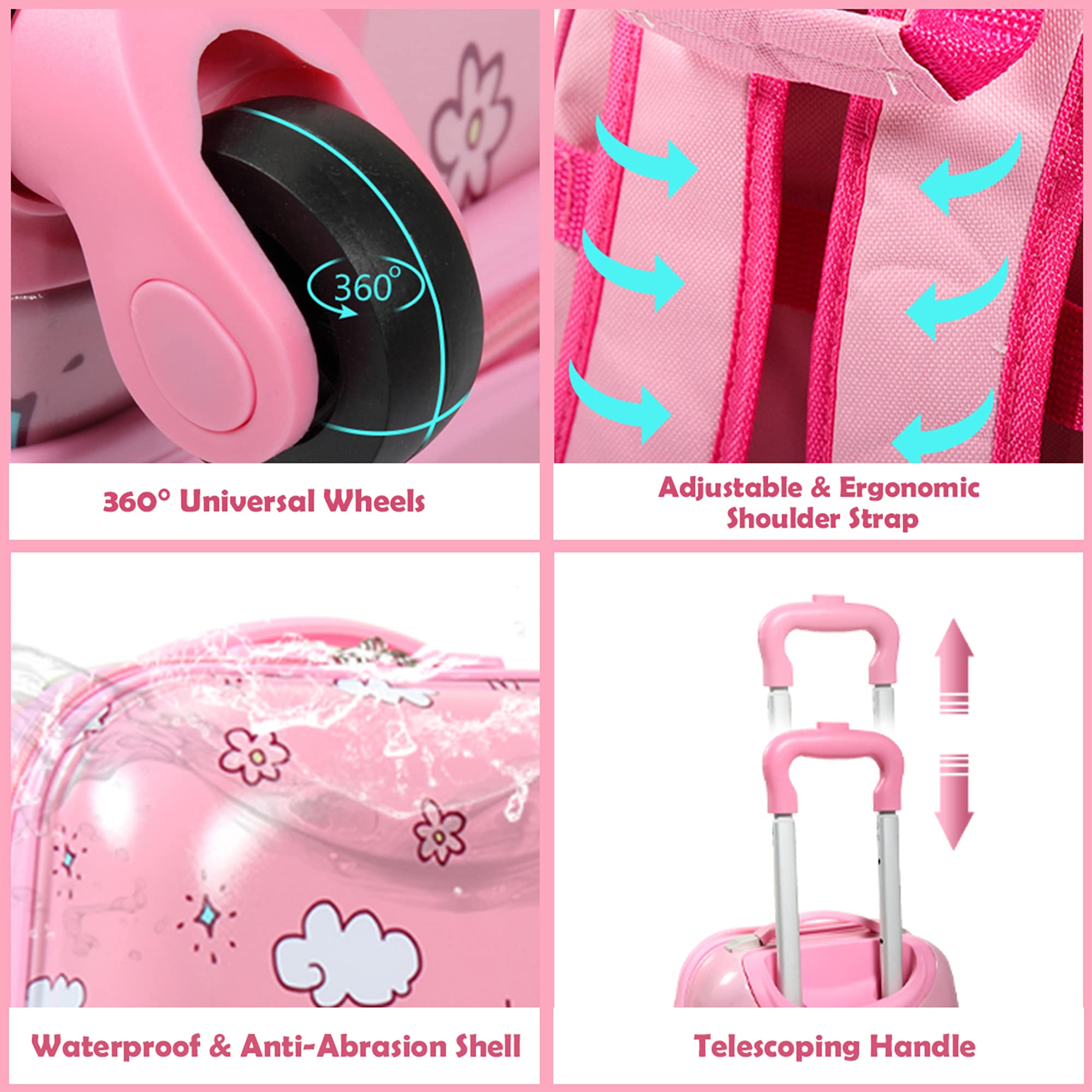 Sandinrayli Kid Luggage Set for Girls, 12β Backpack & 16β Kid Carry on Suitcase with Spinner Wheels, Toddler Rolling Suitcase Hardshell